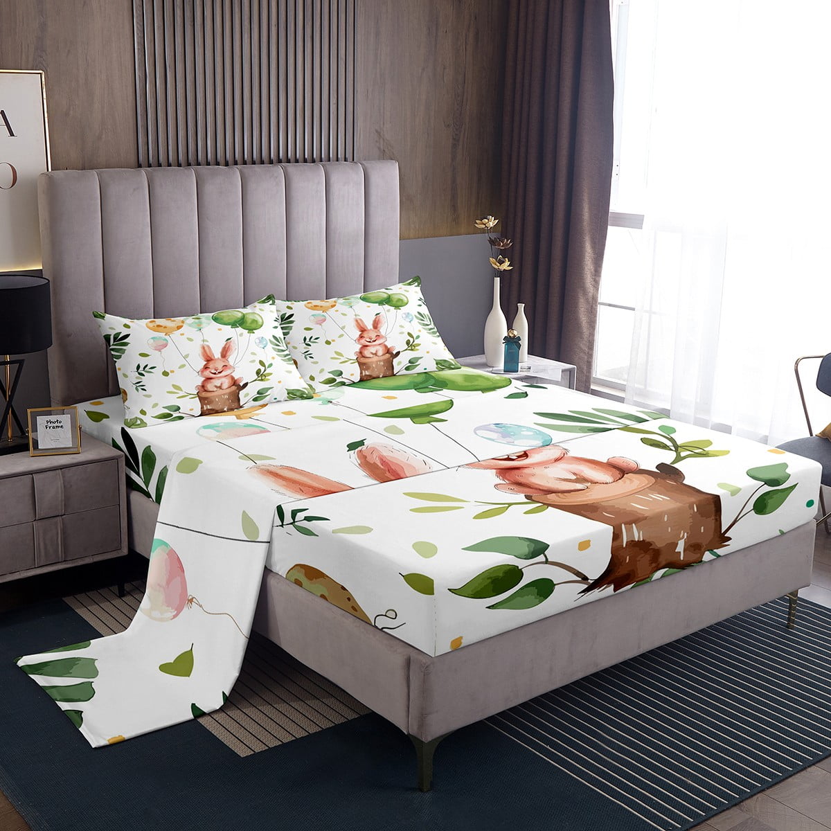 Cute Rabbit Sheet Set Watercolor Bunny Bed Sheets King Cartoon Woodland ...