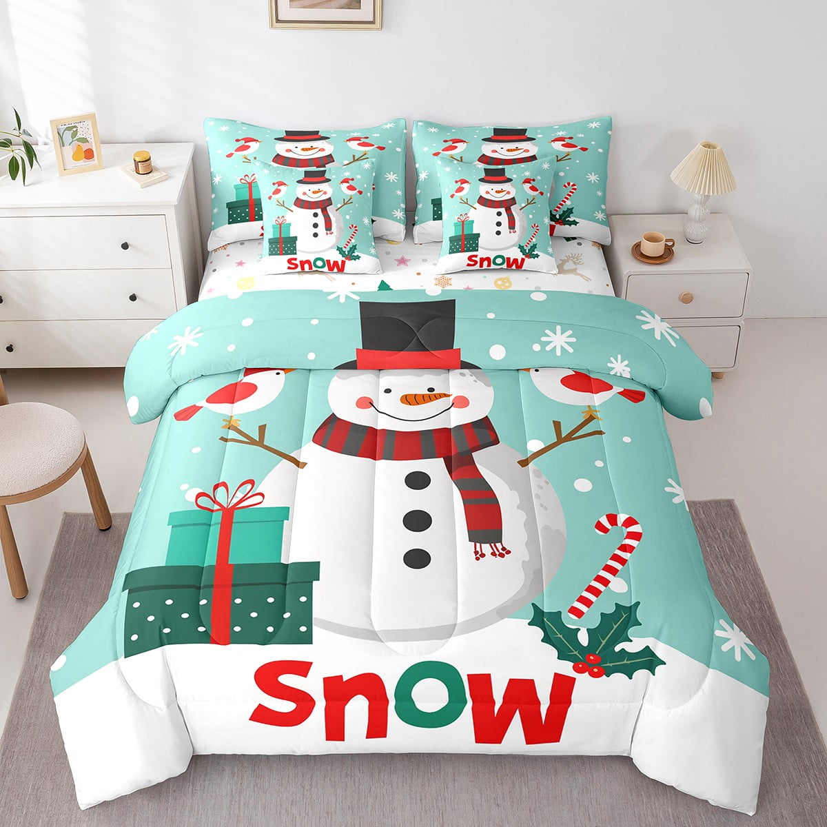 YST Kids Cute Snowman Full Bedding Set 7 Piece,Teal Winter Themed ...