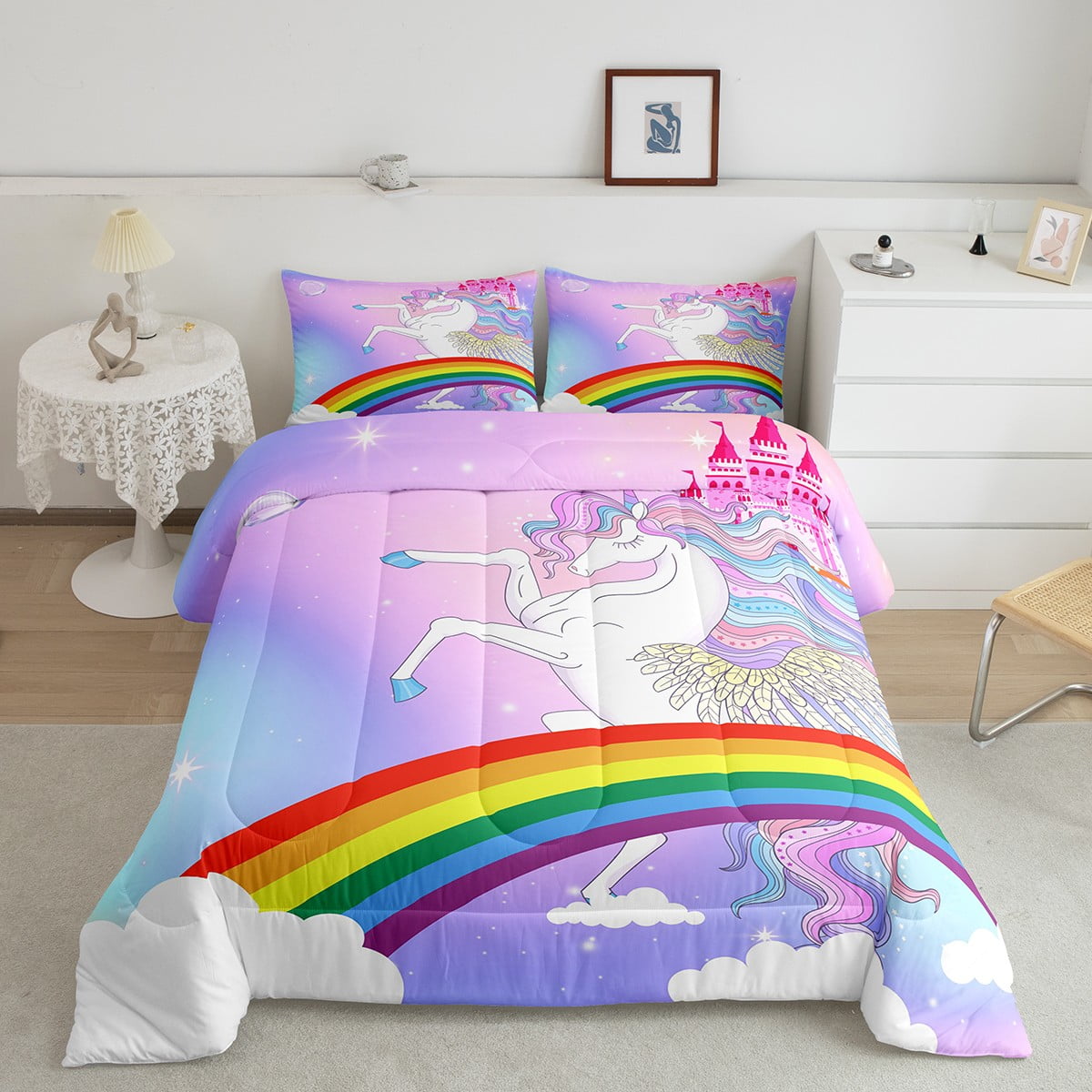 Cute Unicorn King Comforter Set Rainbow Bedding Set King, Dreamy Castle ...