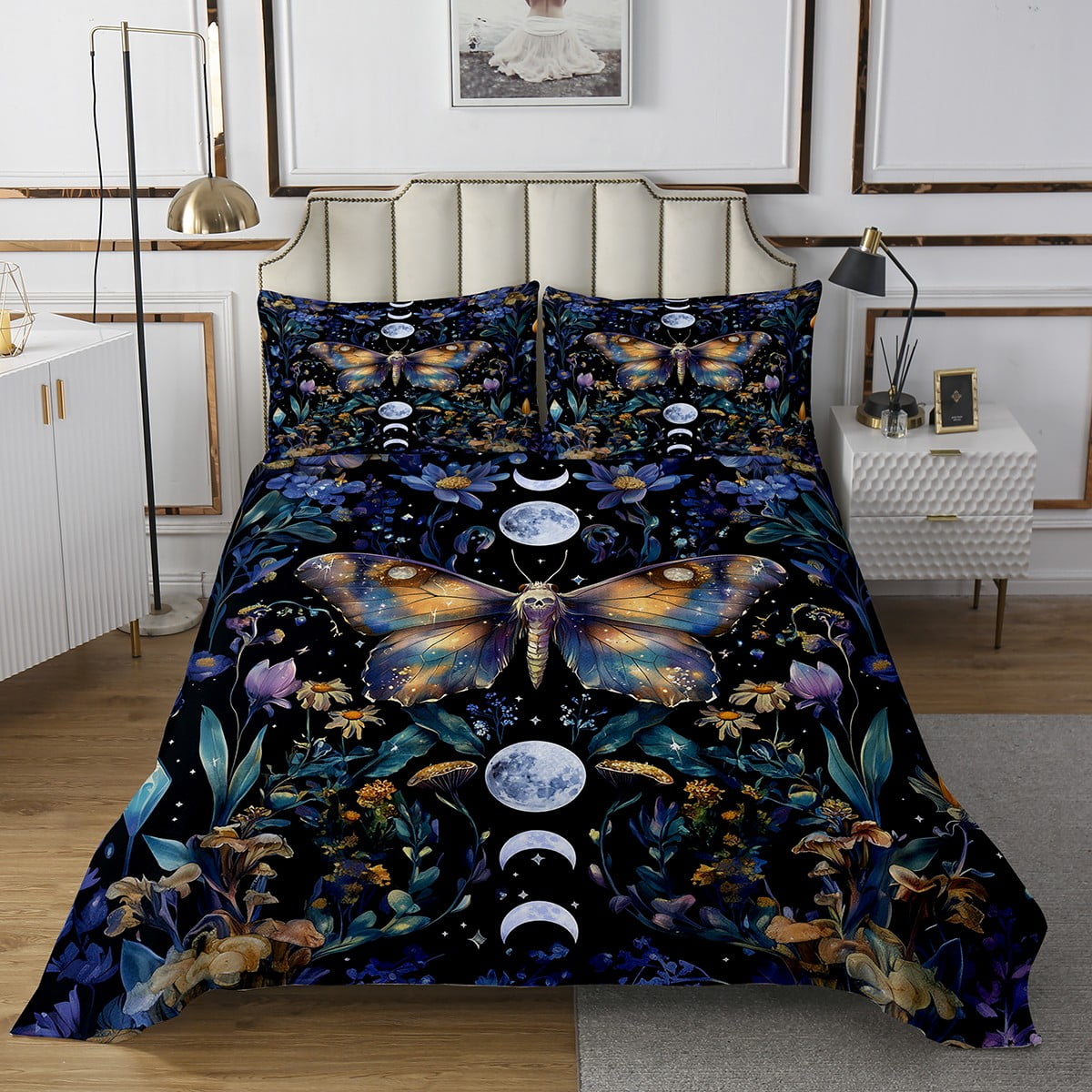 Death Moth Quilt Set Twin Gothic Moon Starry Sky Bedspread Set Boho ...