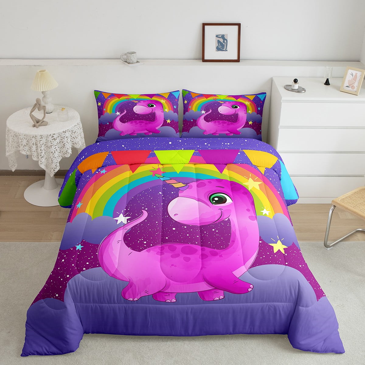 YST Kids Dinosaur Quilt with 2 Pillowcases King Girls Bedding Sets Kids Cartoon Kawaii Galaxy ...