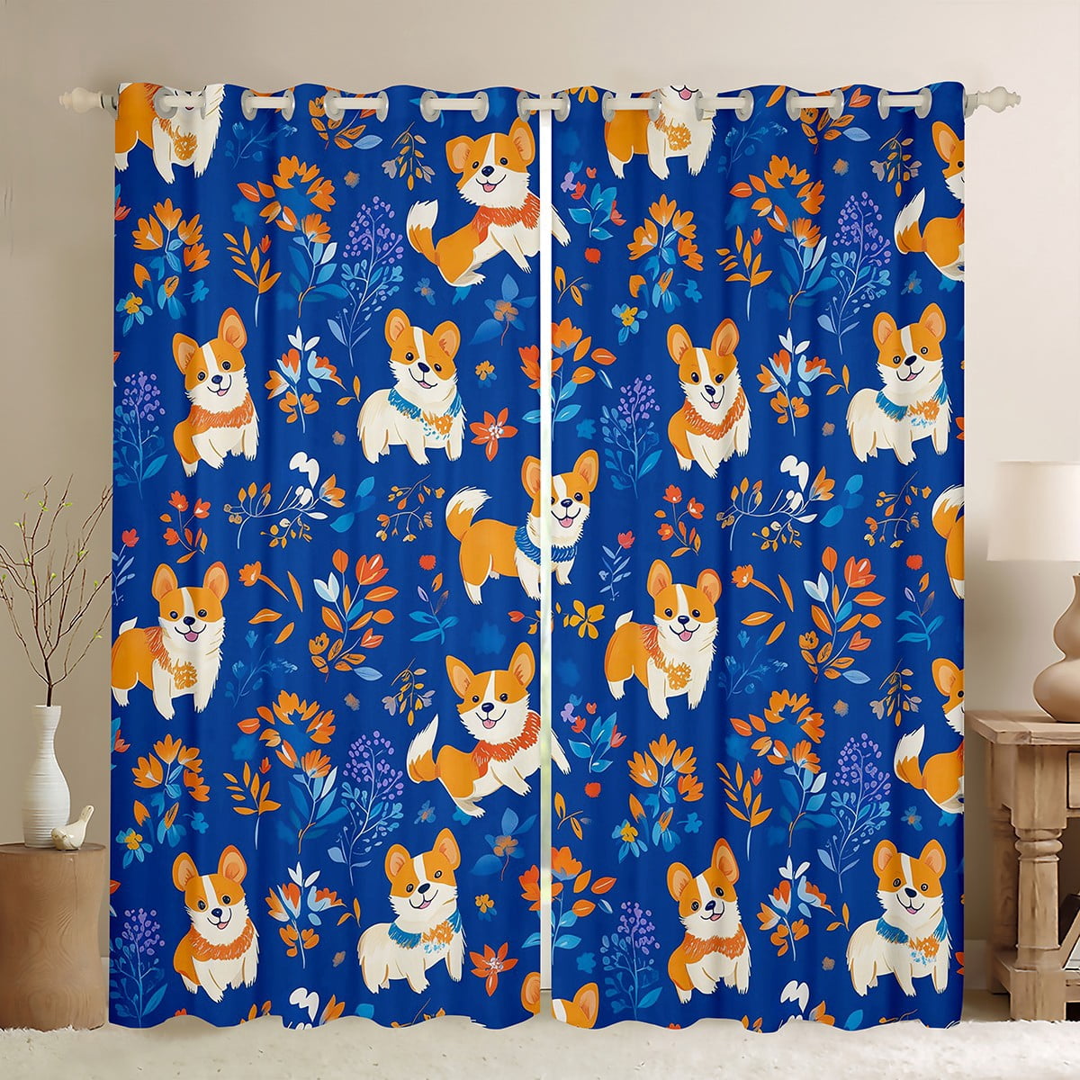 Dog Curtains 38"Wx45"L 2 Panels Cute Corgi Curtains & Drapes Kawaii Pet ...