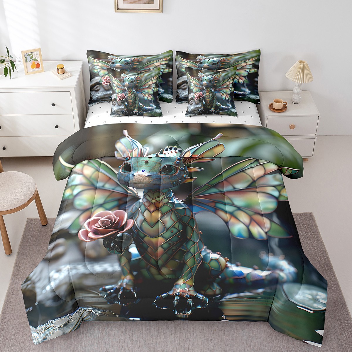 YST Kids Dragon Queen Comforter Set 7-Piece Green Dragon Bedding Sets ...