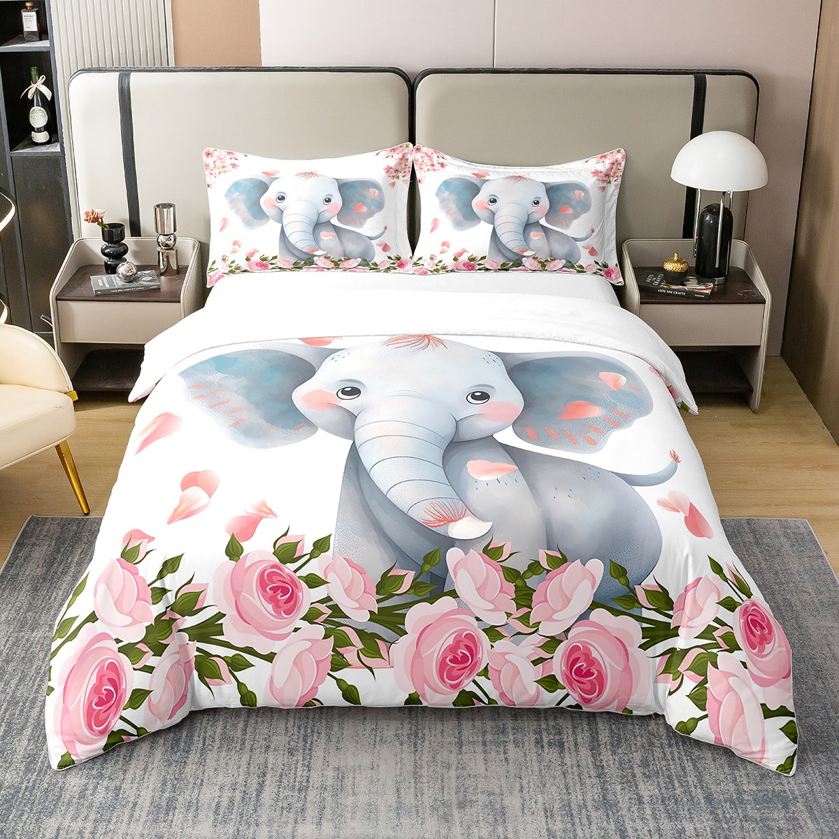 Erosebridal Elephant 100% Cotton Bedding Set Queen Blossom Flower Duvet ...