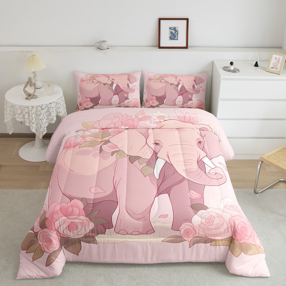 Elephant Bedding Pink Rose Bedding Comforter Sets Women Cute Elephant ...