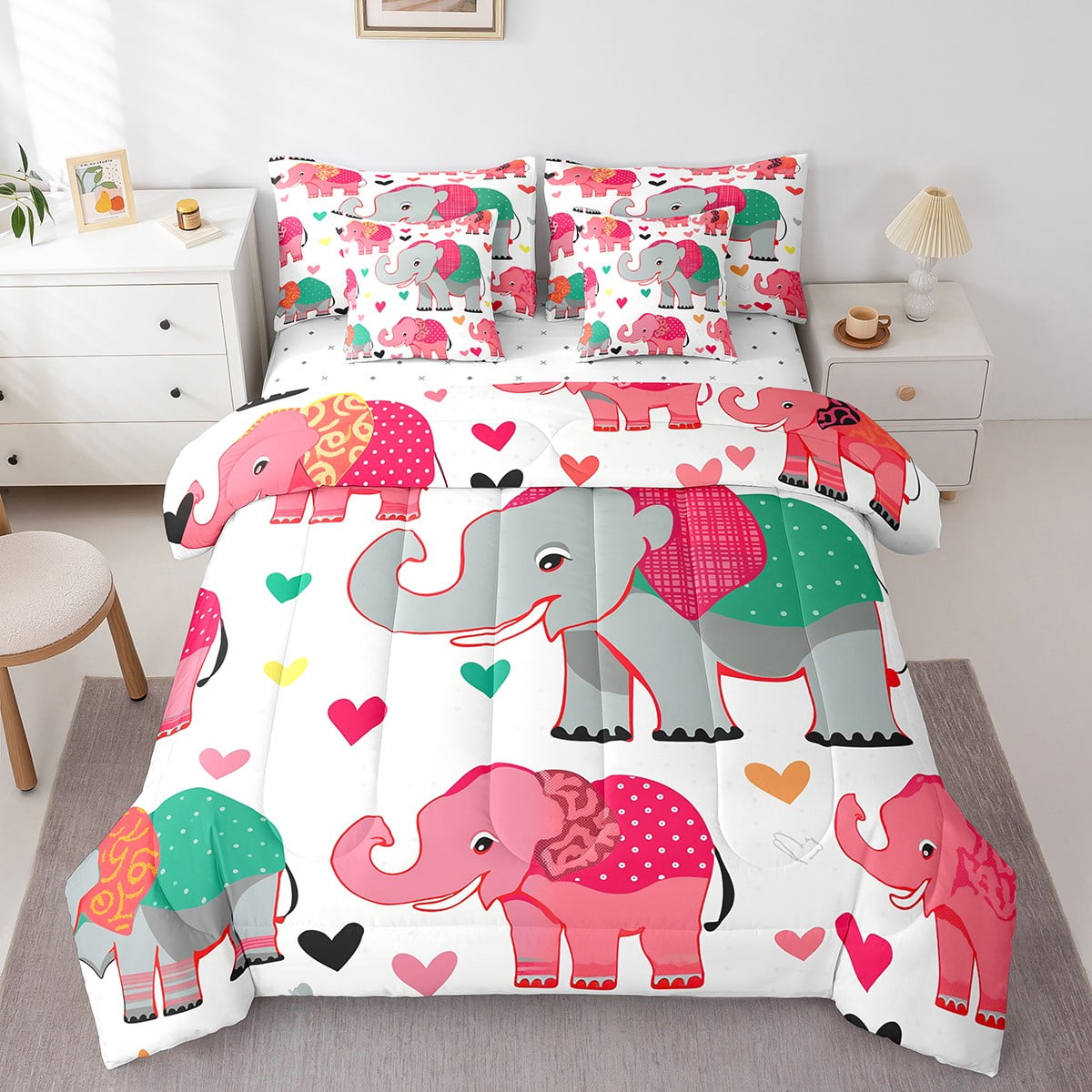 YST Kids Elephant Queen Comforter Set 7-Piece For Kids Girls Pink Grey ...