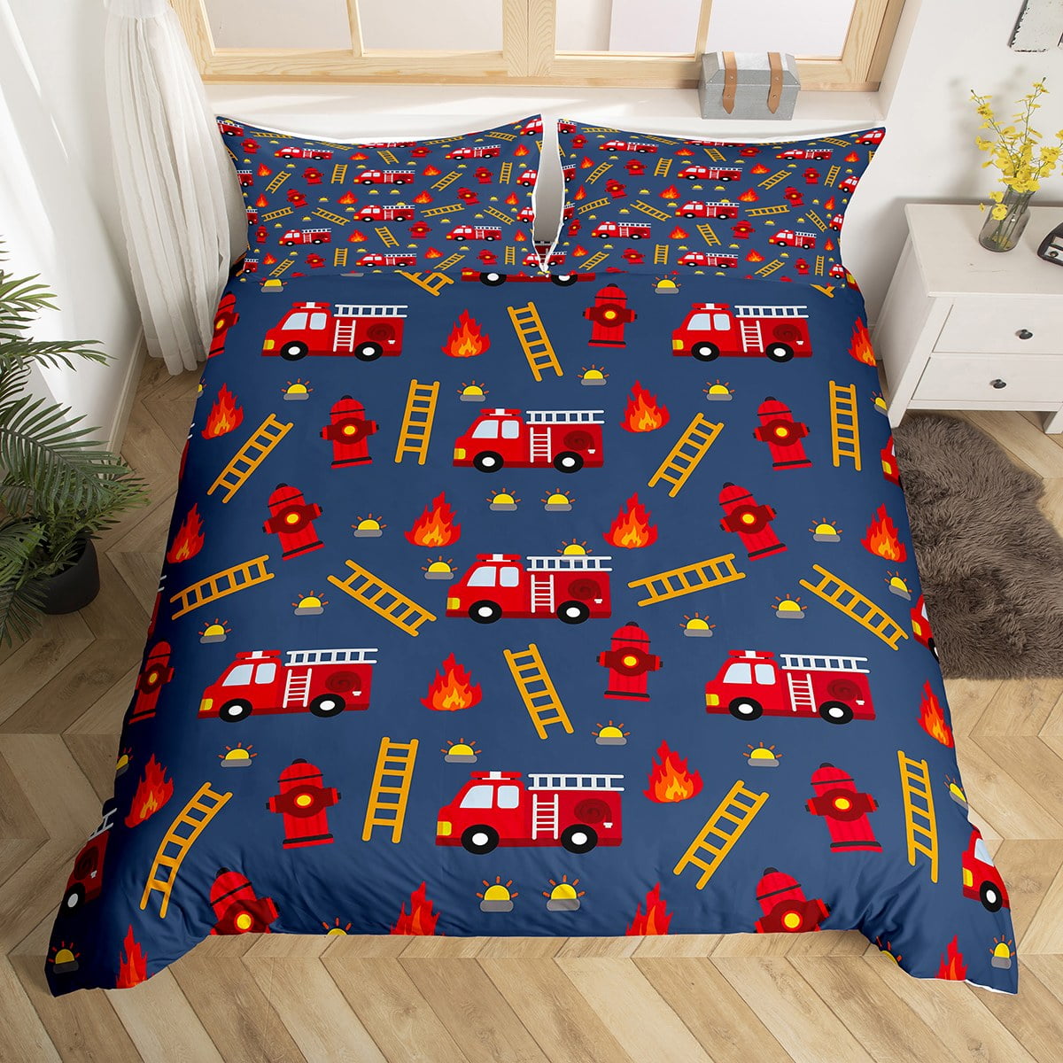 YST Kids Fire Truck Comforter Cover Red Firefighter Car Bed Set ...