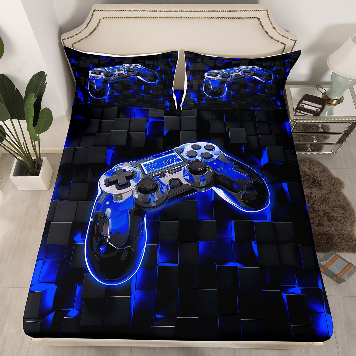 Fitted Sheet Full Size Game Console Bed Sheets Teen Black Blue Cool ...