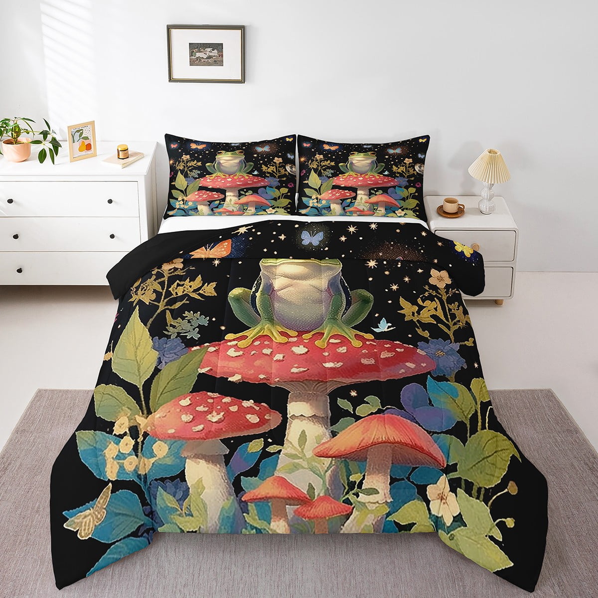 Erosebridal Frog Comforter Set Full Size,Kawaii Mushroom Wild Plants ...