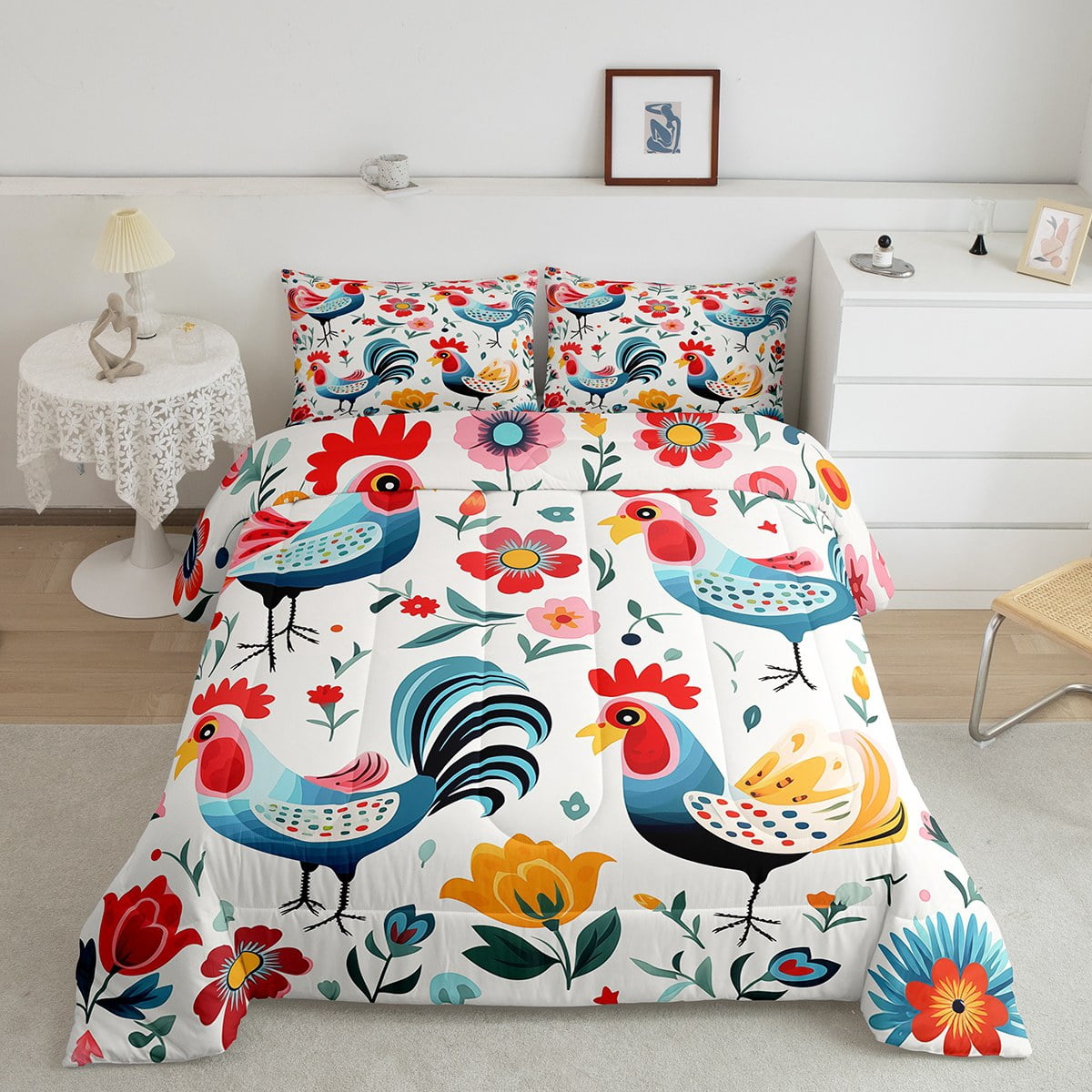 Funny Chicken Comforter Set Full Farmhouse Animal Bedding Sets,Rainbow ...