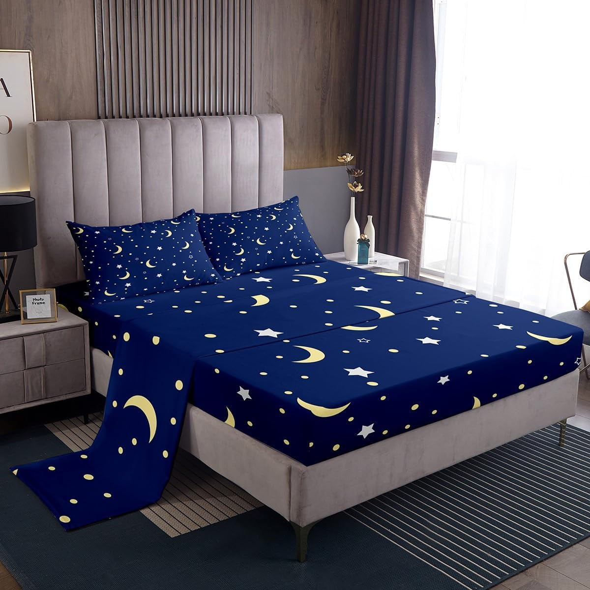 Erosebridal Galaxy Bed Sheets Set Chic Starry Sky Sheet Set Full Size,Glitter Stars Moon Bedding ...