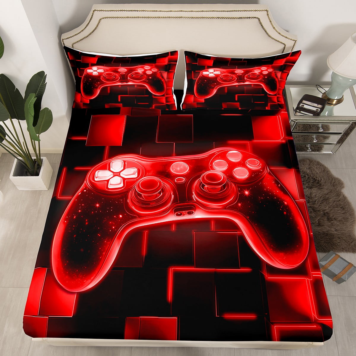 YST Kids Gamer Bed Sheets Full, Gaming Fitted Sheet, Video Games Gamepad Sheets Neon Glowing ...