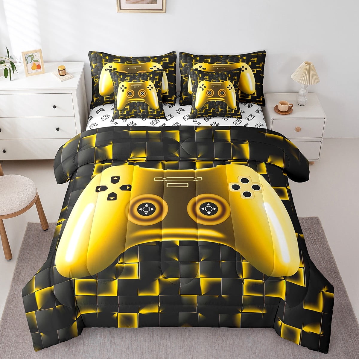 Gamer Bedding Sets 7 Piece Gaming Queen Comforter Set Black Gold ...