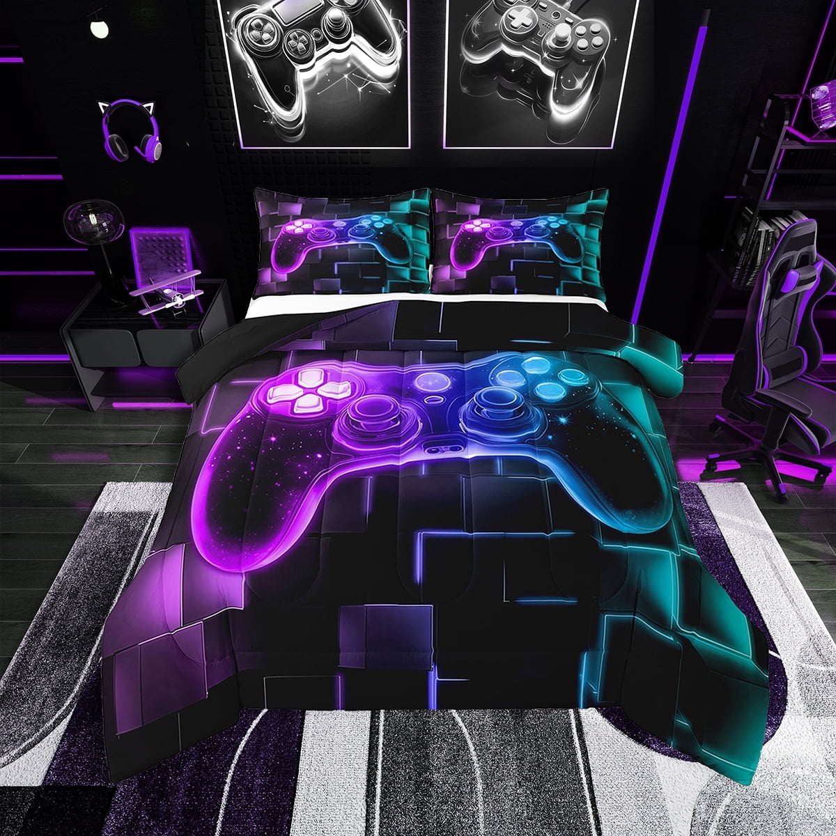 Gamer Comforter Set Twin,Gaming Bedding,Video Games Gamepad Bedding Comforter Sets Neon Glowing ...