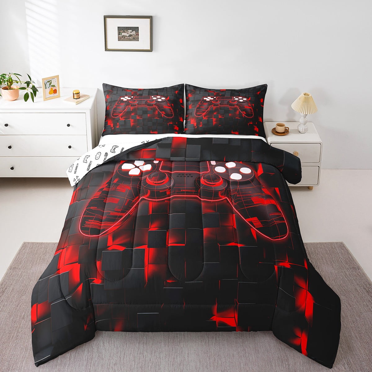 Erosebridal Gamer Full Comforter Set Geometric Neon Grid Bedding Sets ...