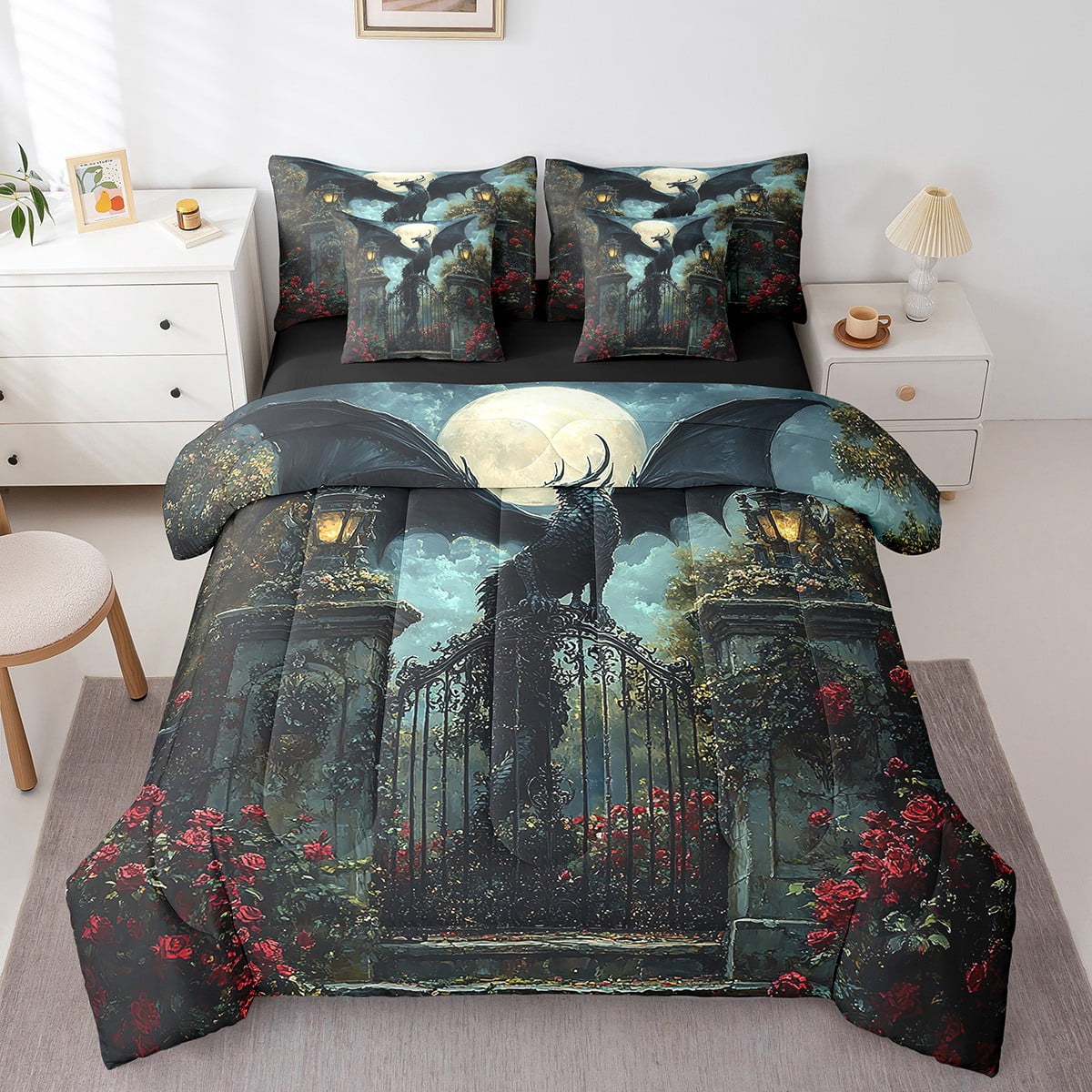 Gothic Dragon Twin Comforter Set,Goth Rose Flower Castle 7 Piece Bed In ...