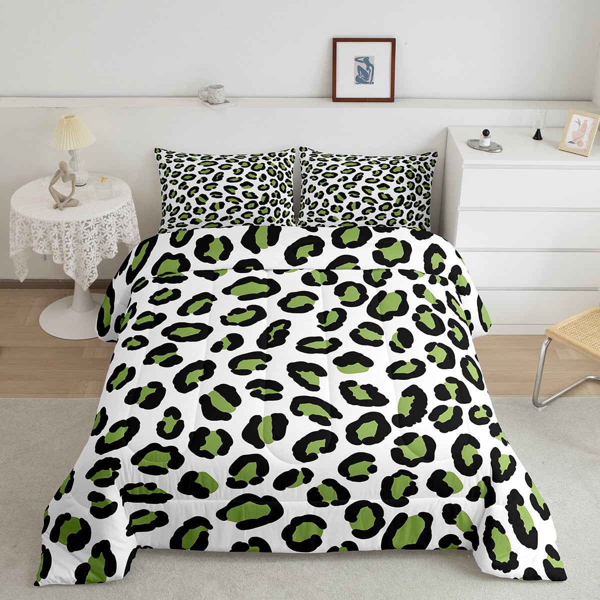 YST Kids Green Cheetah Print Comforter Set Queen White Leopard Print ...