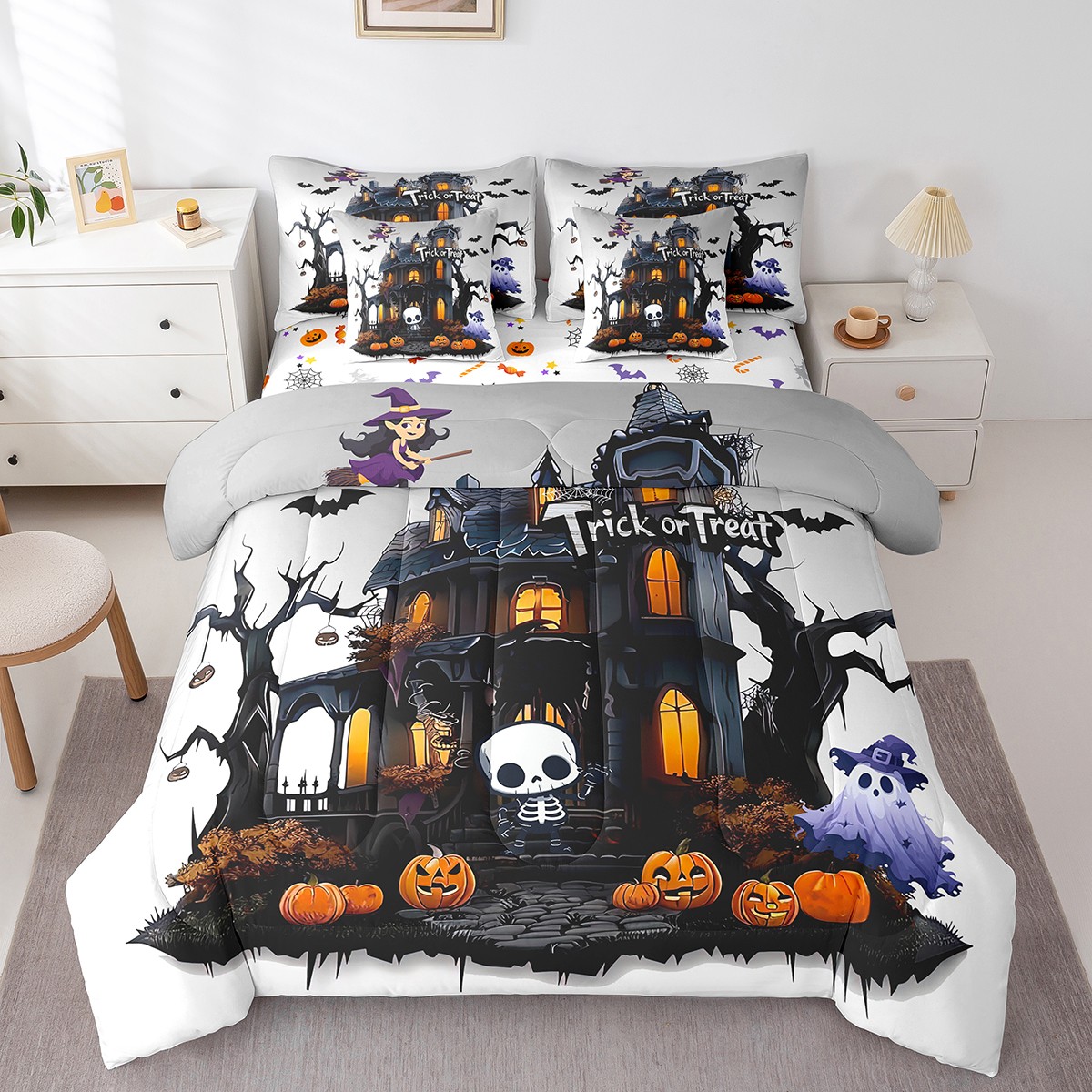 YST Kids Halloween 7 Piece Bedding Sets Cartoon Ghost Comforter Bed in ...