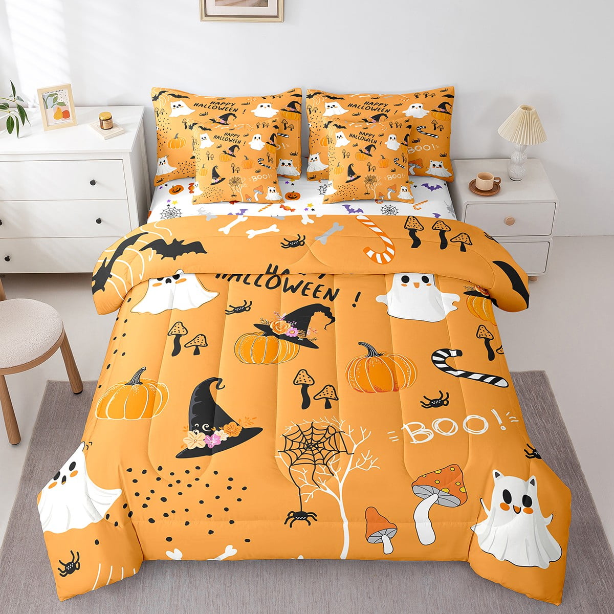 Halloween Bedding Set Queen Cartoon Ghost Pumpkin Comforter Set 7 Piece ...
