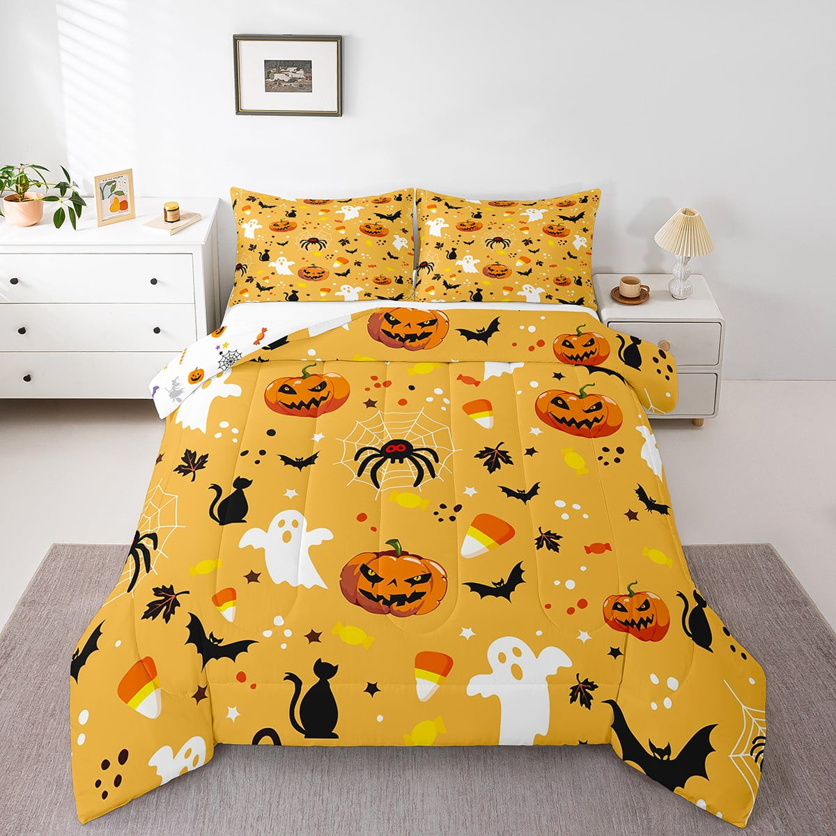 Halloween Decor Comforter Set, Pumpkin Bedding Set Queen Size Teens ...