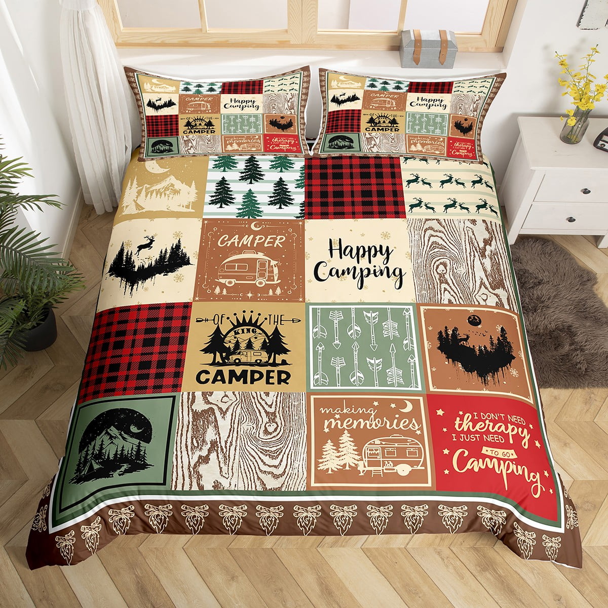 YST Kids Happy Camping Duvet Cover Queen,Rustic Cabin Camper Bedding Set for Rv Bunks,Woodland ...