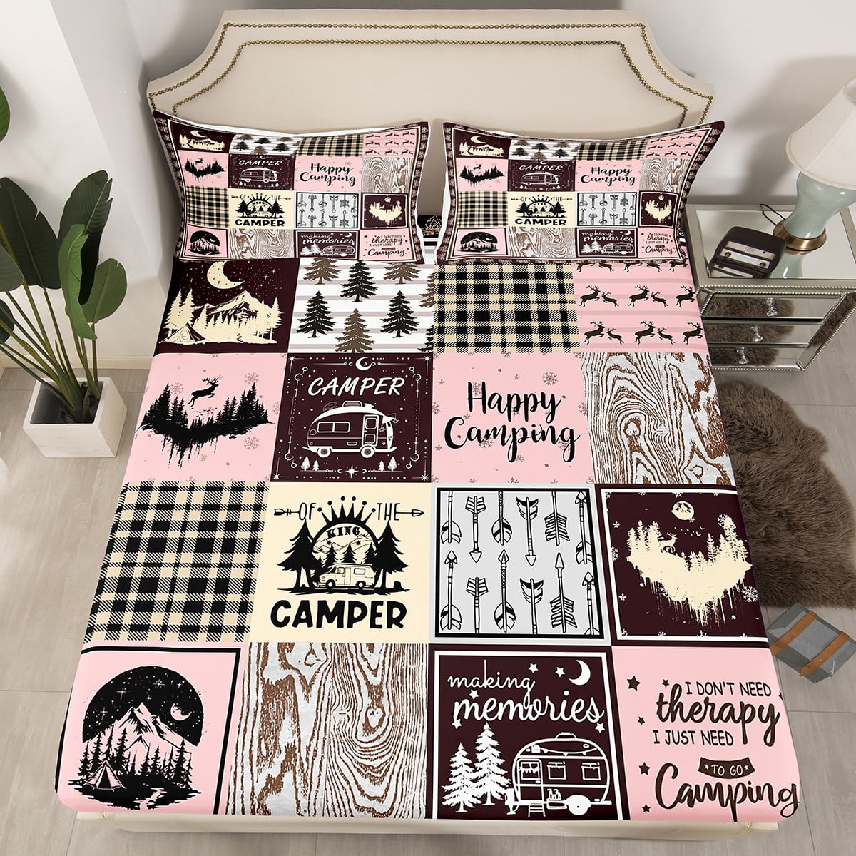 YST Kids Happy Camping Fitted Sheet Full,Rustic Rv Camper Bedding Set for Bunk Travel Trailer ...