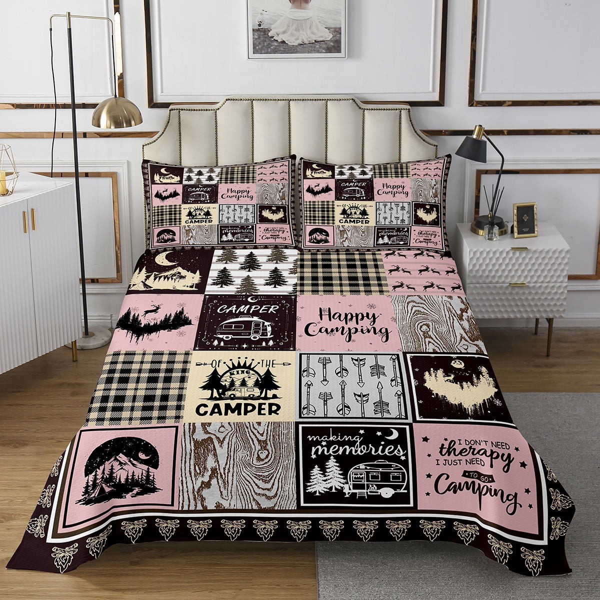 Happy Camping Quilt Bedding Set King,Rustic RV Camper Bedspread for Bunk Travel Trailer,Pink ...