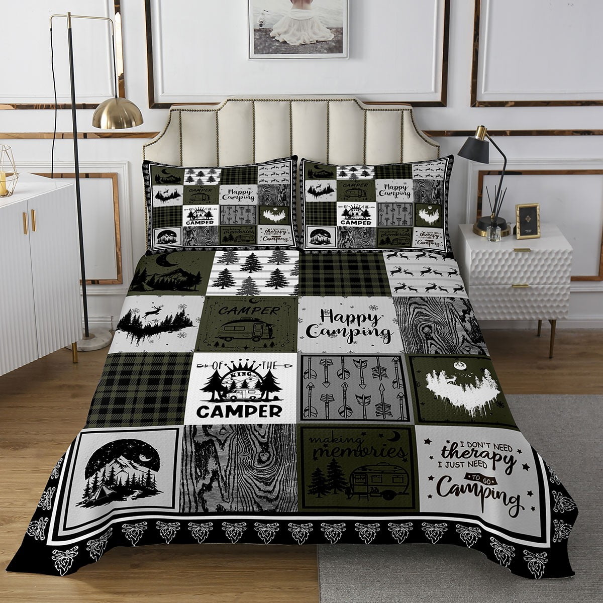 Happy Camping Quilt Bedding Set Queen,Rustic RV Camper Bedspread for Bunks Travel Trailer,Green ...