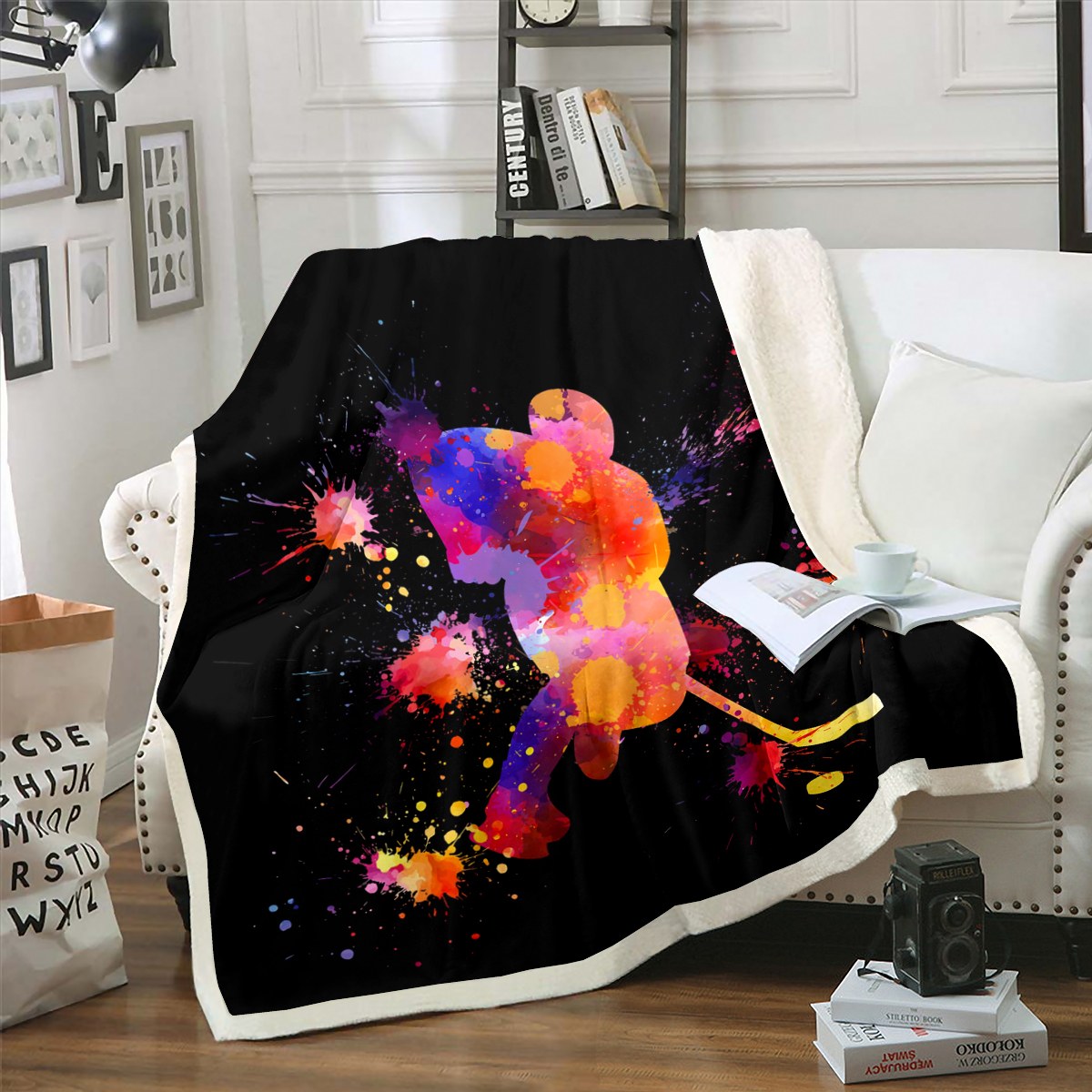 Hockey Blanket Twin 60x80 inch,Watercolor Hockey Player Throw Blanket ...