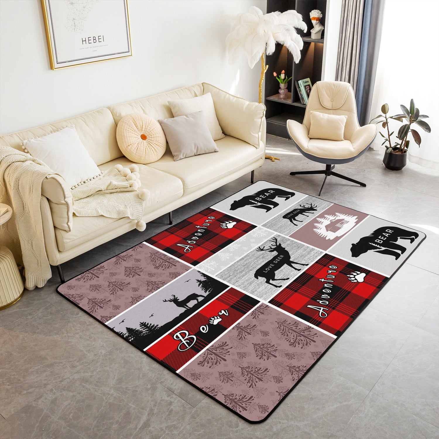 Erosebridal Hunting Animal Rug,Jungle Elk Bear Area Rug,Red Black Plaid ...