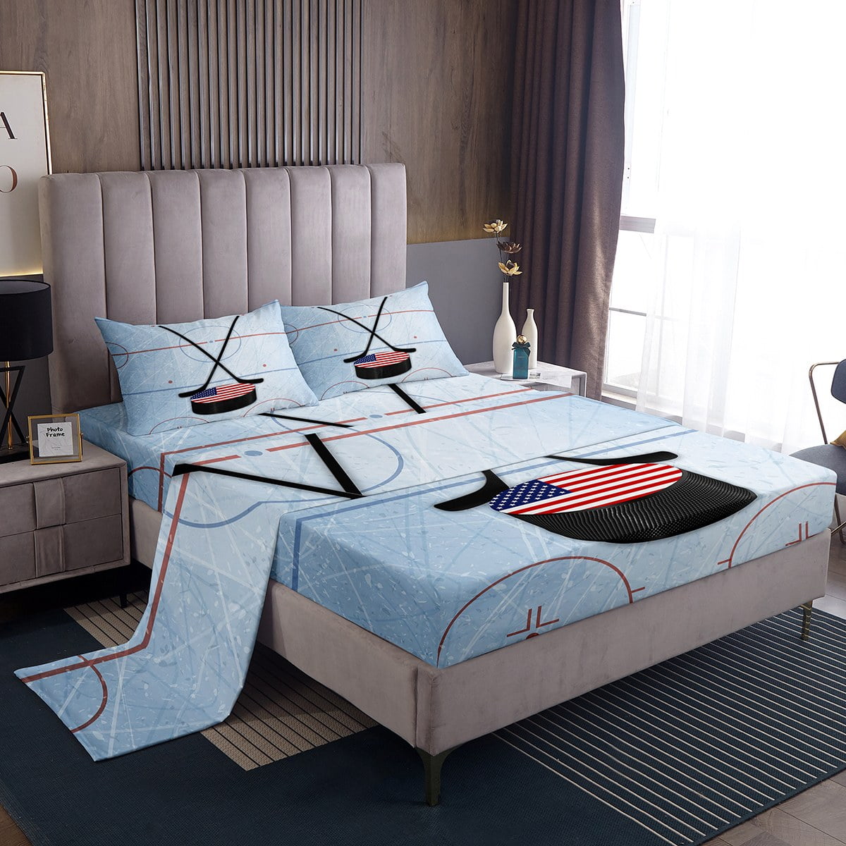 Ice Hockey King Sheet Set US Flag Sheets, Sports Bed Set Blue Ice Rink ...