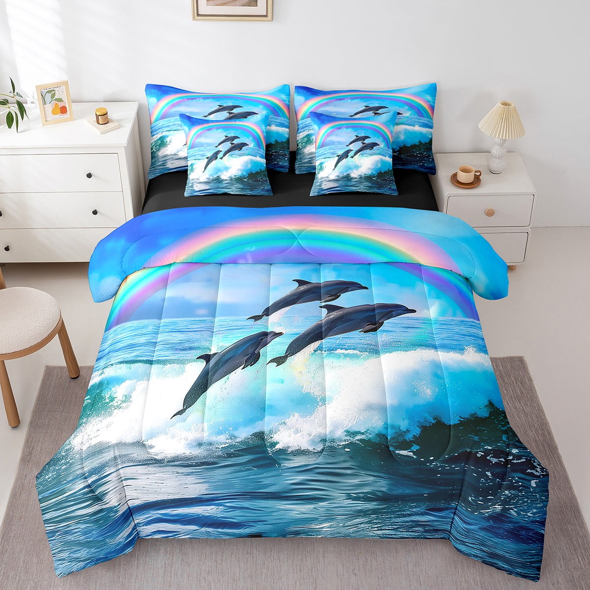 Jumping Dolphin Full Comforter Set With Sheets 7 Piece Rainbow Ocean ...
