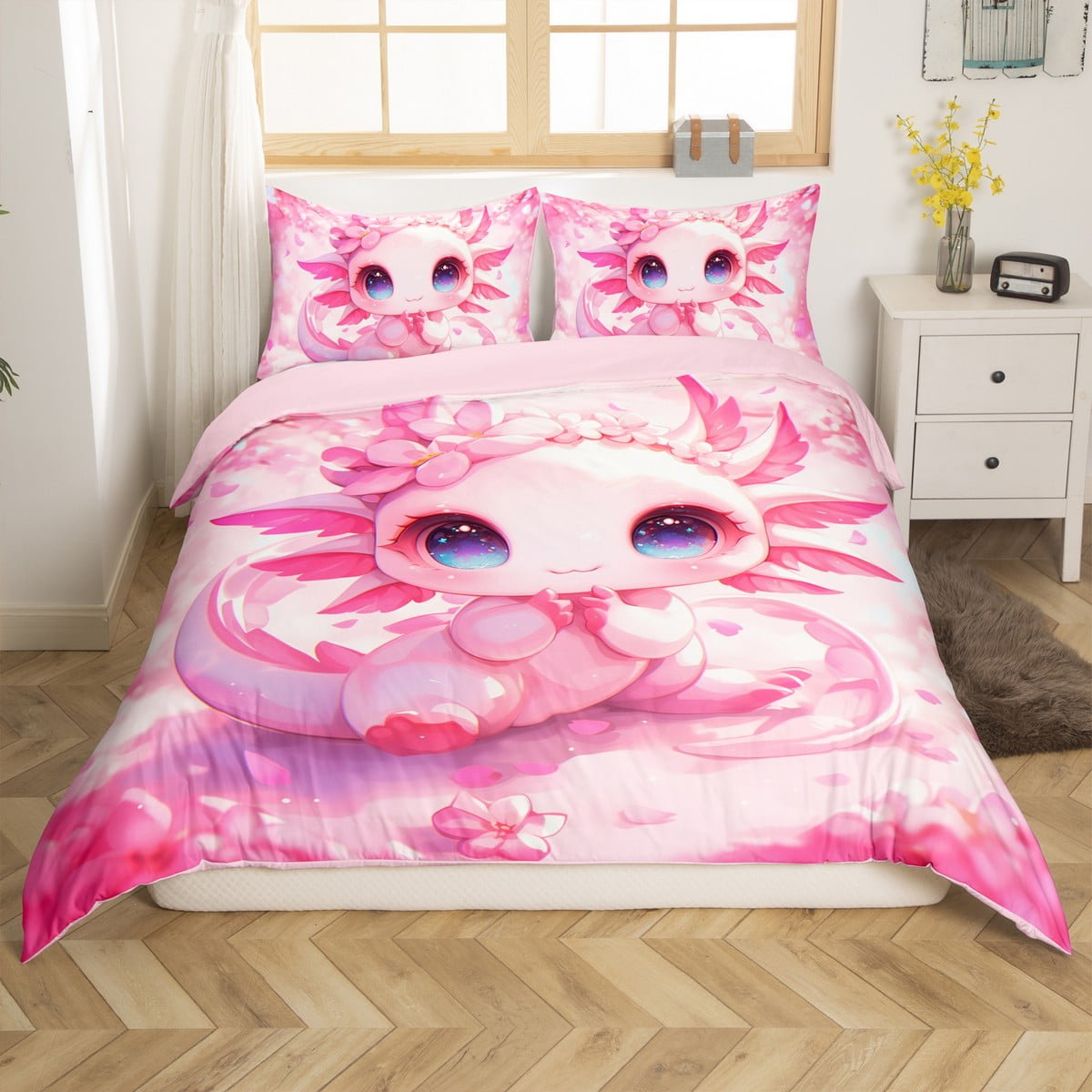 Kawaii Axolotl Bedding Set Twin Size Cartoon Sea Creature Comforter ...