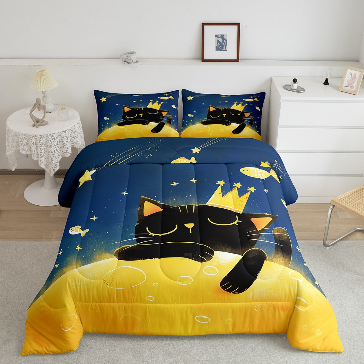Erosebridal Kawaii Cat Bedding Set Queen Moon and Stars Comforter Set ...
