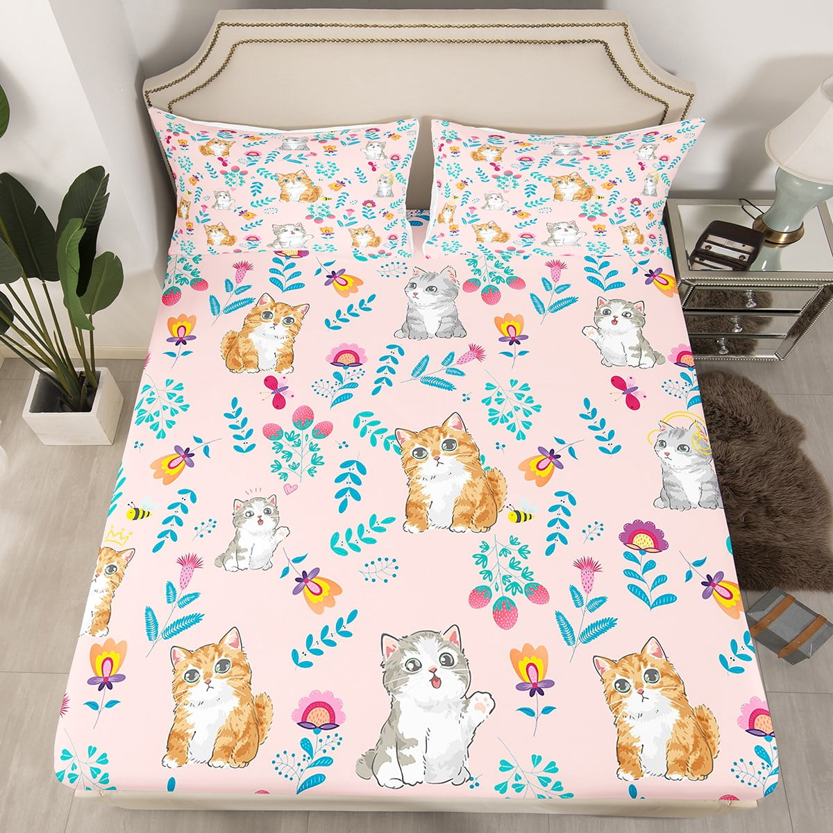Erosebridal Kawaii Cats Bed Sheets Queen Cute Cat Bedding Set Adorable ...