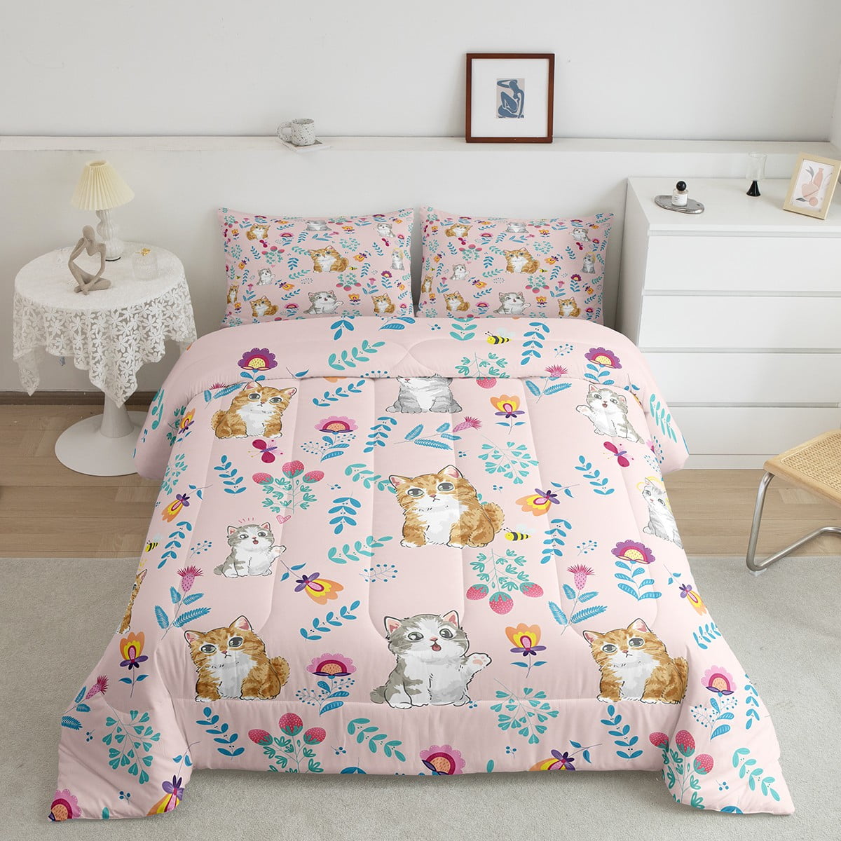 Kawaii Cats Comforter Set King Cute Cat Bedding Set Adorable Floral ...