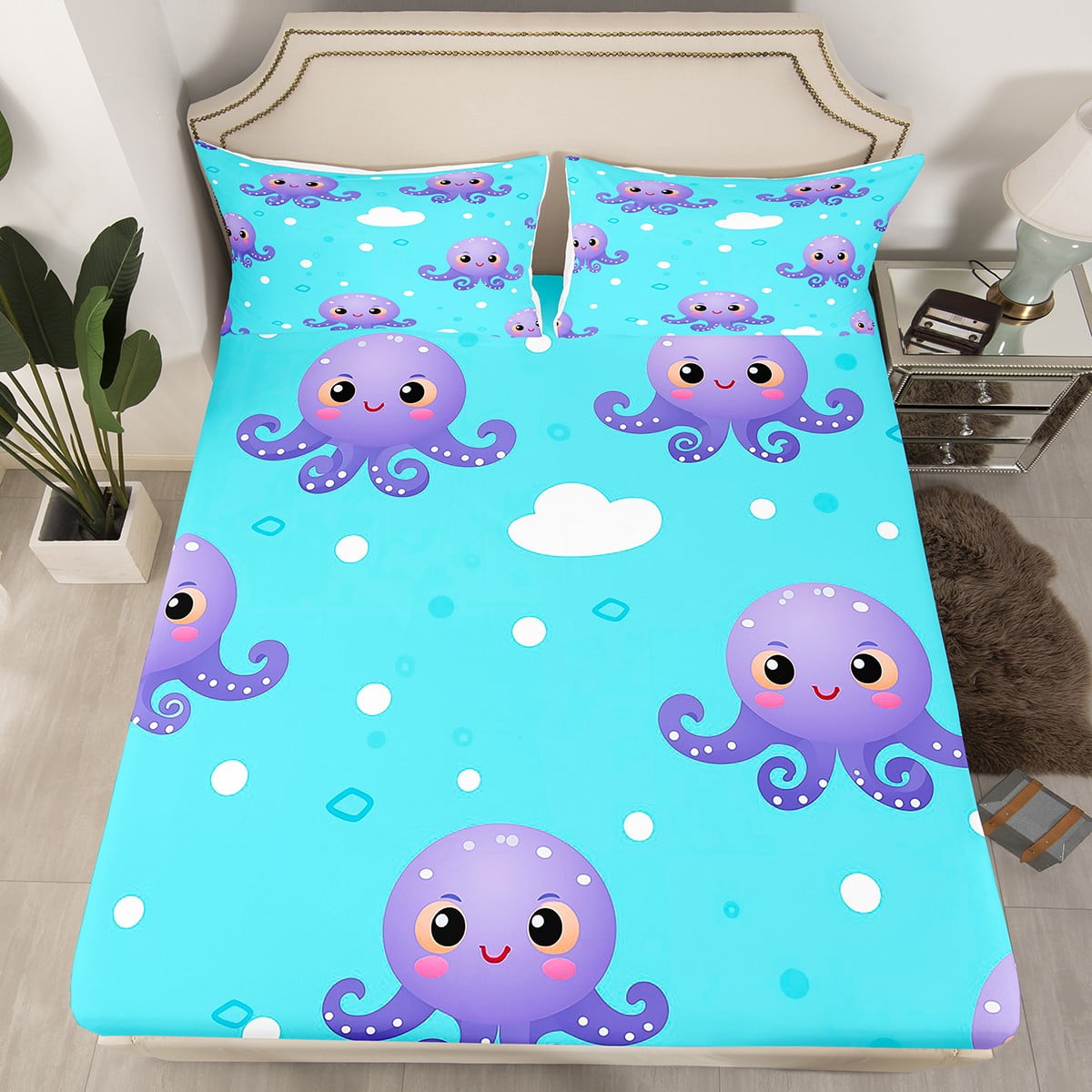 YST Kids Kawaii Octopus Bed Set Cute Sea Animal Fitted Sheet for Girls ...