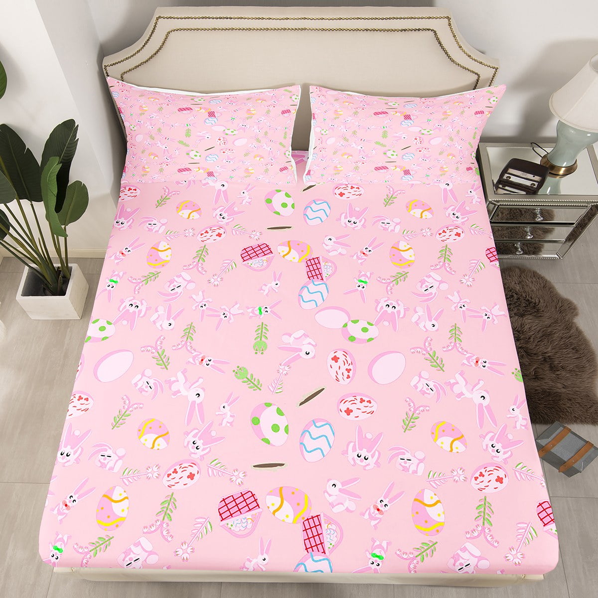 Erosebridal Kawaii Rabbit Bed Sheets Twin Easter Eggs Pink Bedding Set ...