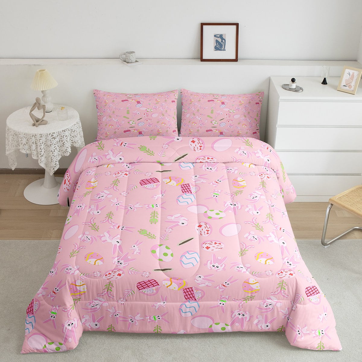 YST Kids Kawaii Rabbit Bedding Set Queen Easter Eggs Pink Comforter Set ...