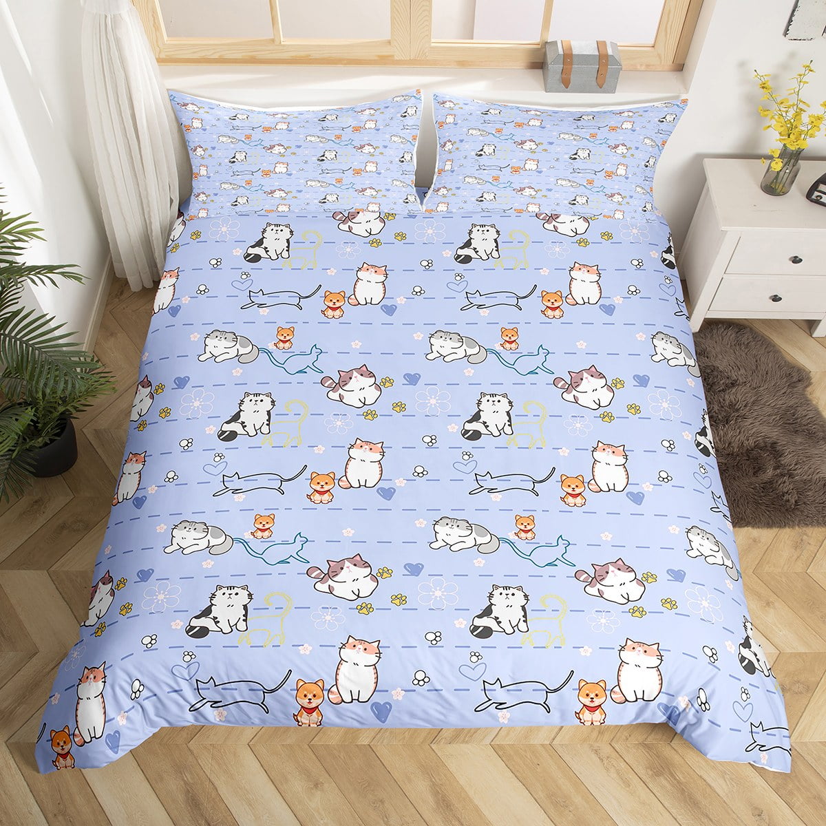 YST Kids Kitten Bed Set Cartoon Animal Duvet Cover for Girls, Kawaii ...