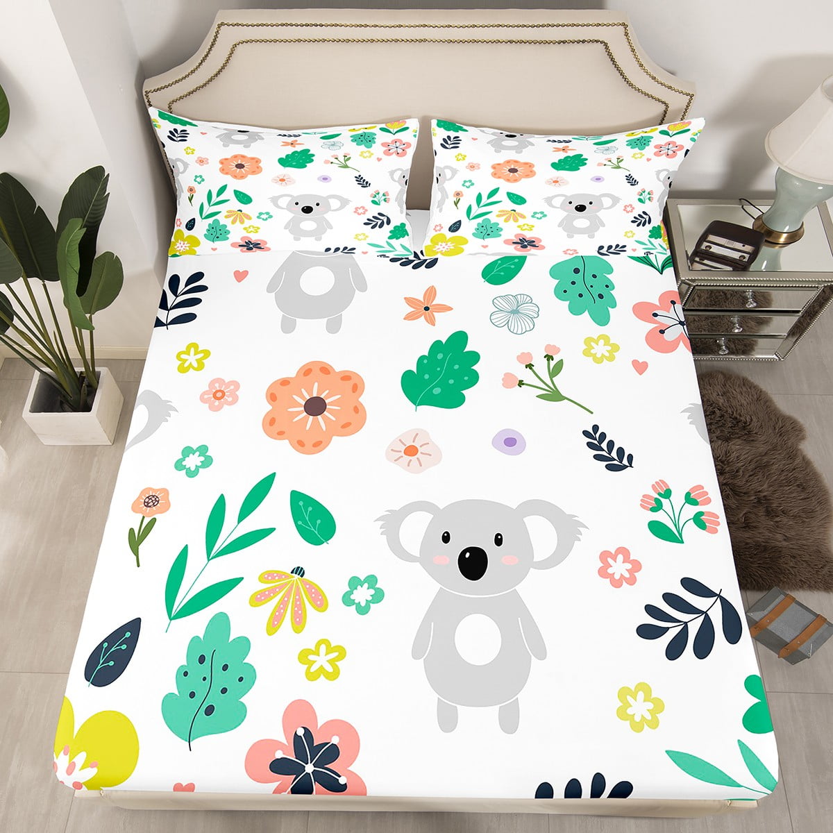 YST Kids Koala Bed Set Cute Safari Animal Fitted Sheet Tropical Flowers ...