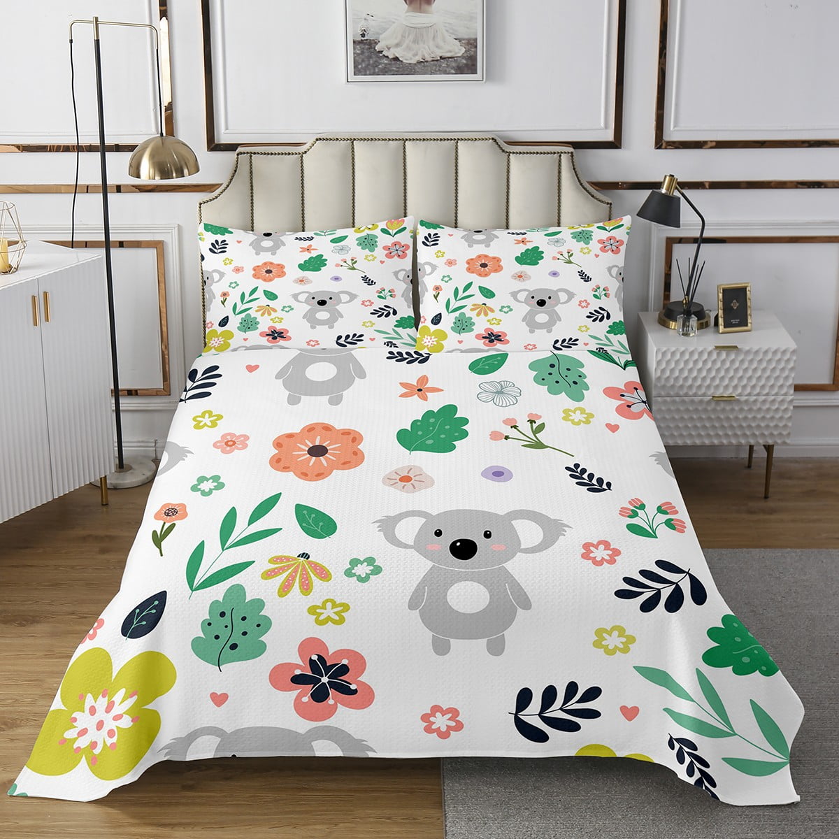 Koala Coverlet Set Cute Safari Animal Quilt Set Tropical Flowers ...