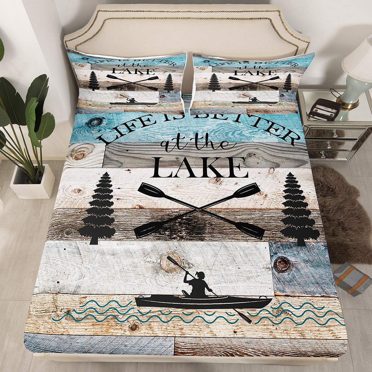 Lake House Fitted Sheet Queen Size, Love Lake Life Bedding Set Paddle ...
