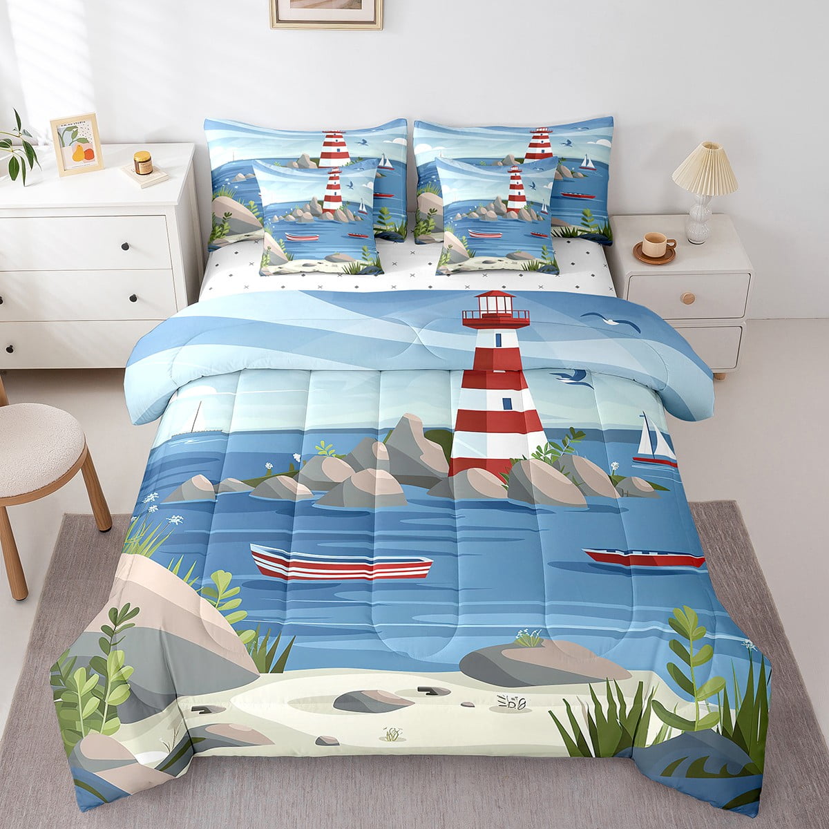 YST Kids Lighthouse Sailboat Quilt with Flat Fitted Sheet Retro Blue ...
