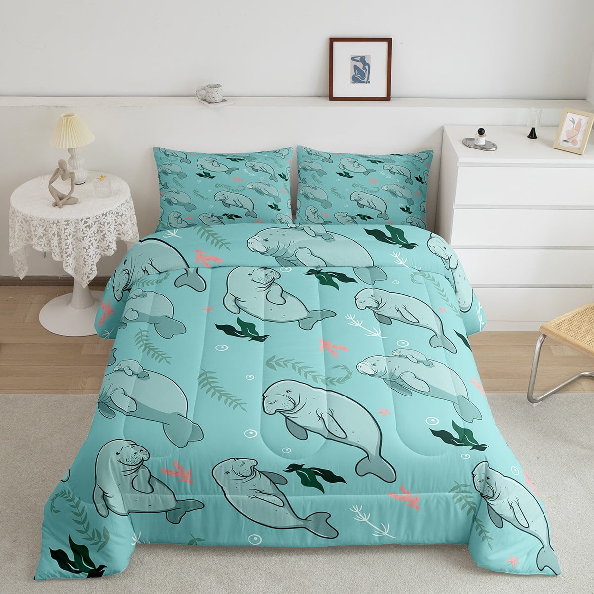 Manatees Comforter Set for Manatee Lovers Queen Size,Cartoon Manatee Bedding Set ,Marine Ocean ...