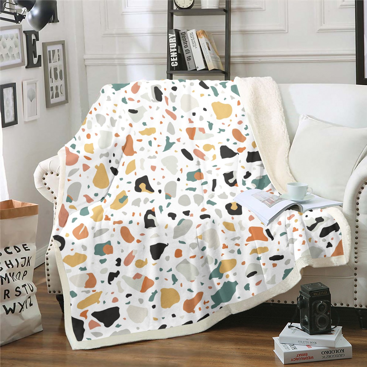 Marble Sherpa Blanket White Geometric Blanket, Grey Red Black Marbling ...