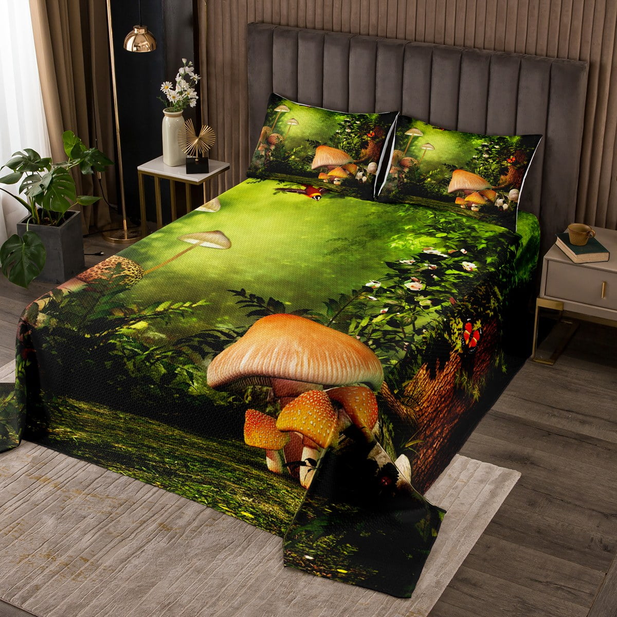 YST Kids Mushroom Quilt Set Queen,Magical forest Wonderland Bedspread Set Enchanted Botanical ...