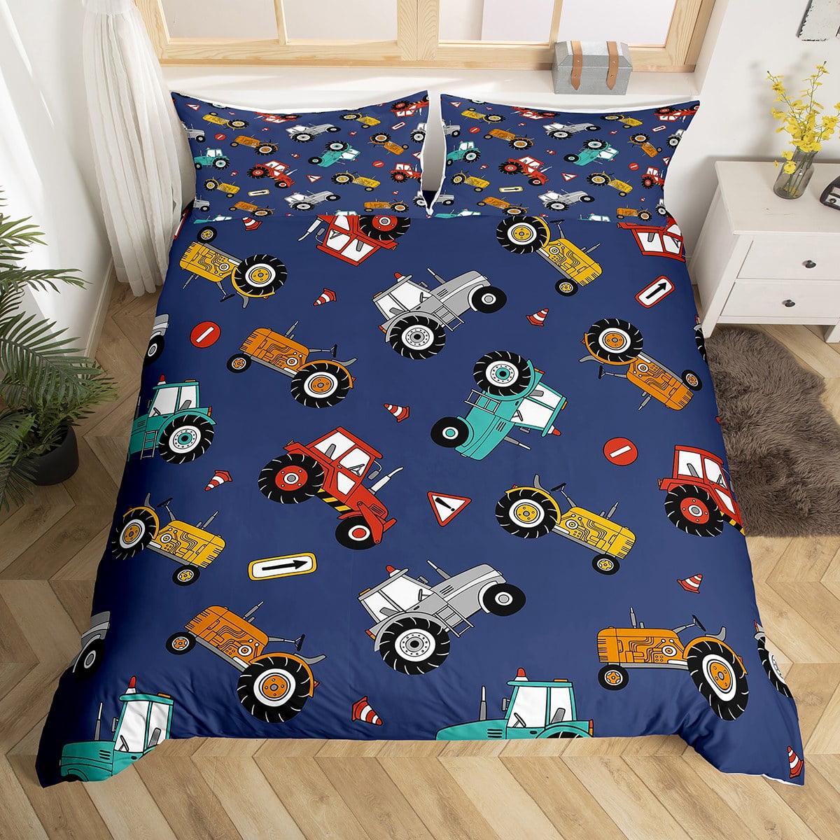 YST Kids Navy Bed Set Cartoon Truck Duvet Cover, Rainbow Tractors ...