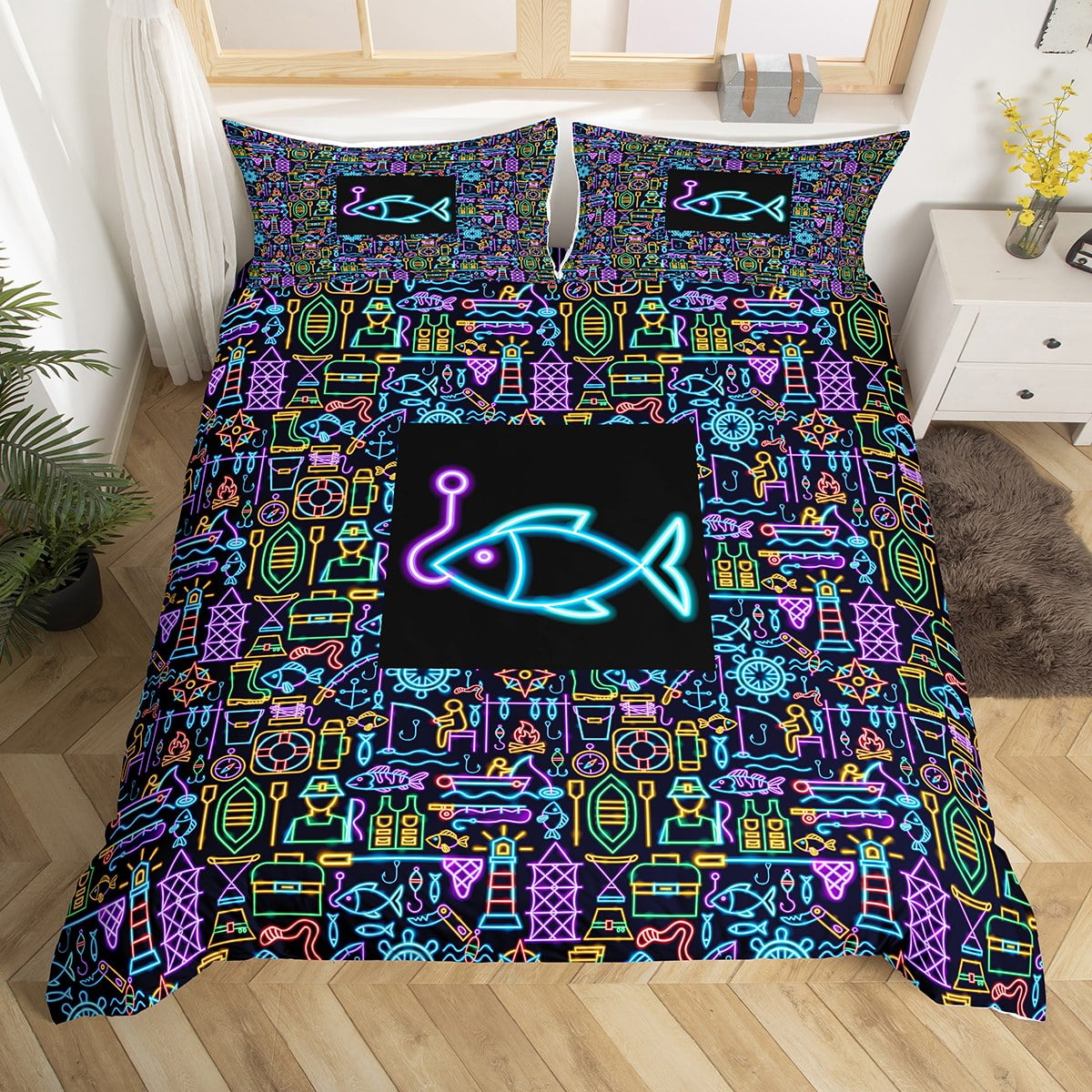 YST Kids Neon Fish Duvet Cover Full,Coastal Fishing Bedding Set For ...