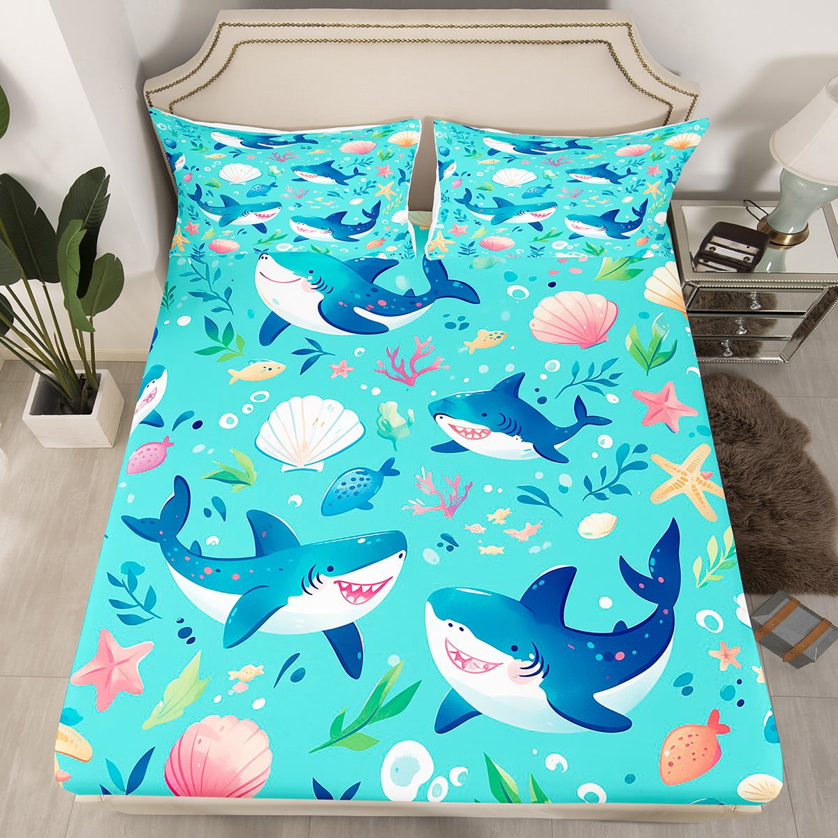 YST Kids Ocean Shark Bedding Queen Size Toddler Cartoon Shark Bed ...
